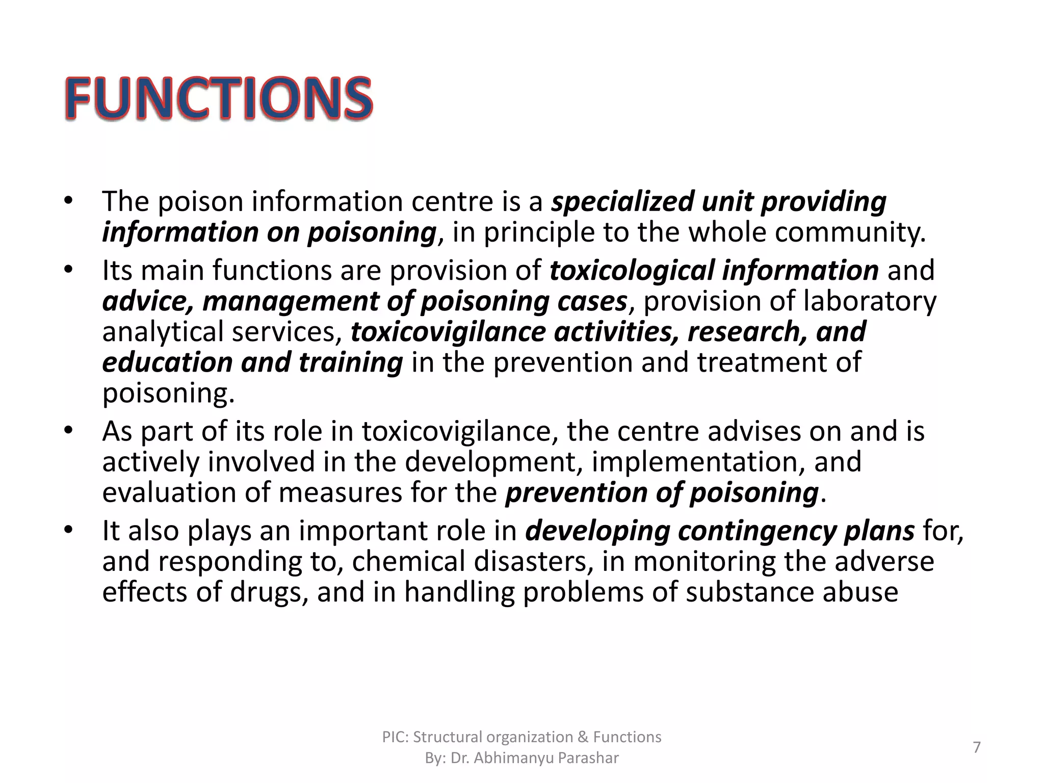 Poison information center (Structural Organization and functions) | PPTX