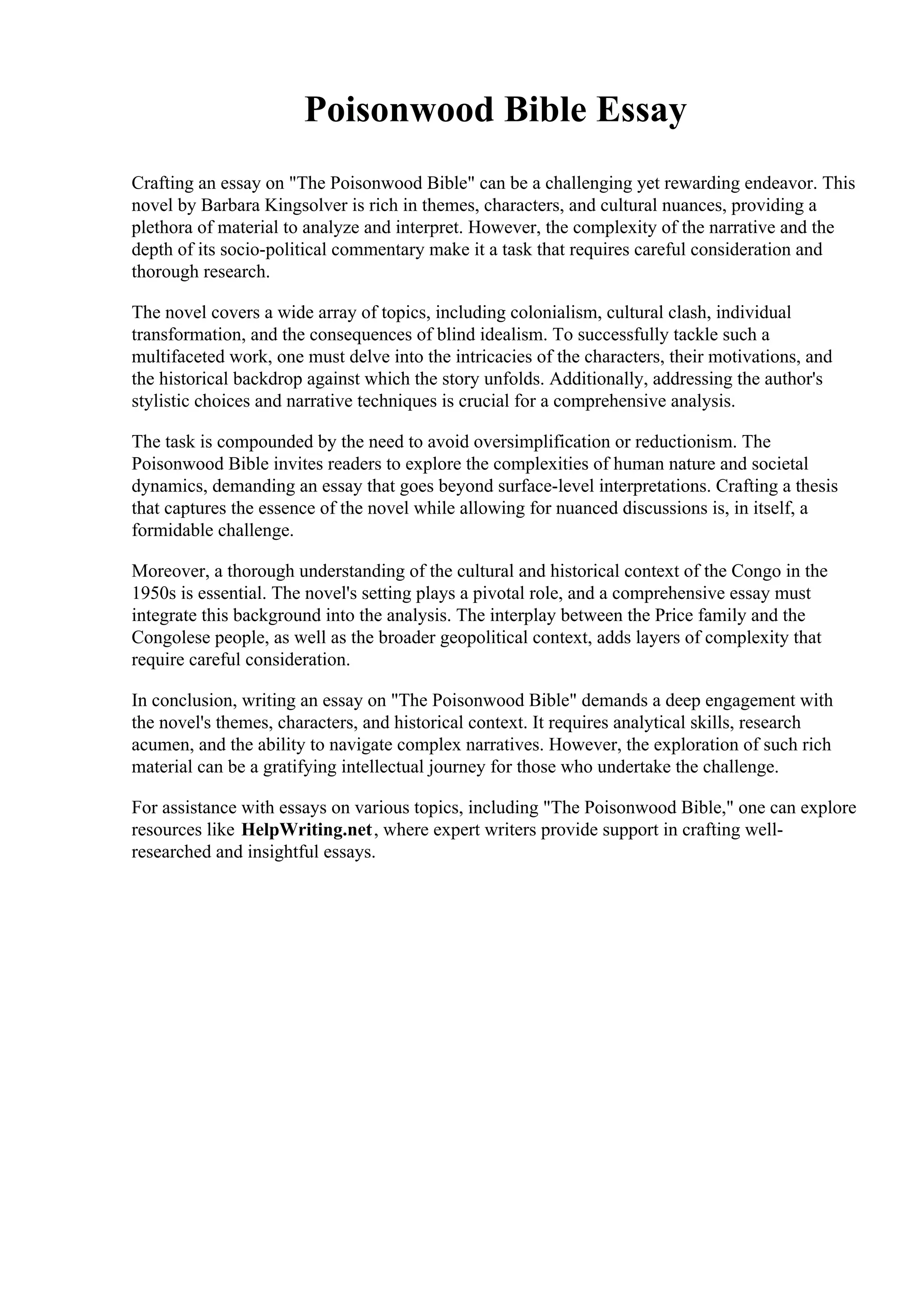 Poisonwood Bible Essay. Mount Aloysius College | PDF