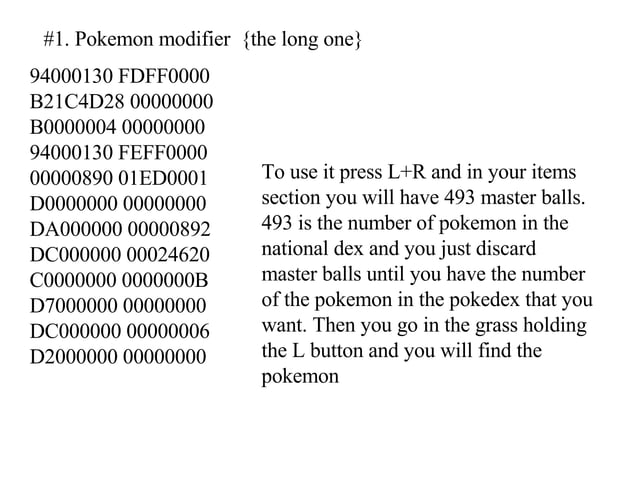 pokemon diamond action replay codes | PPT