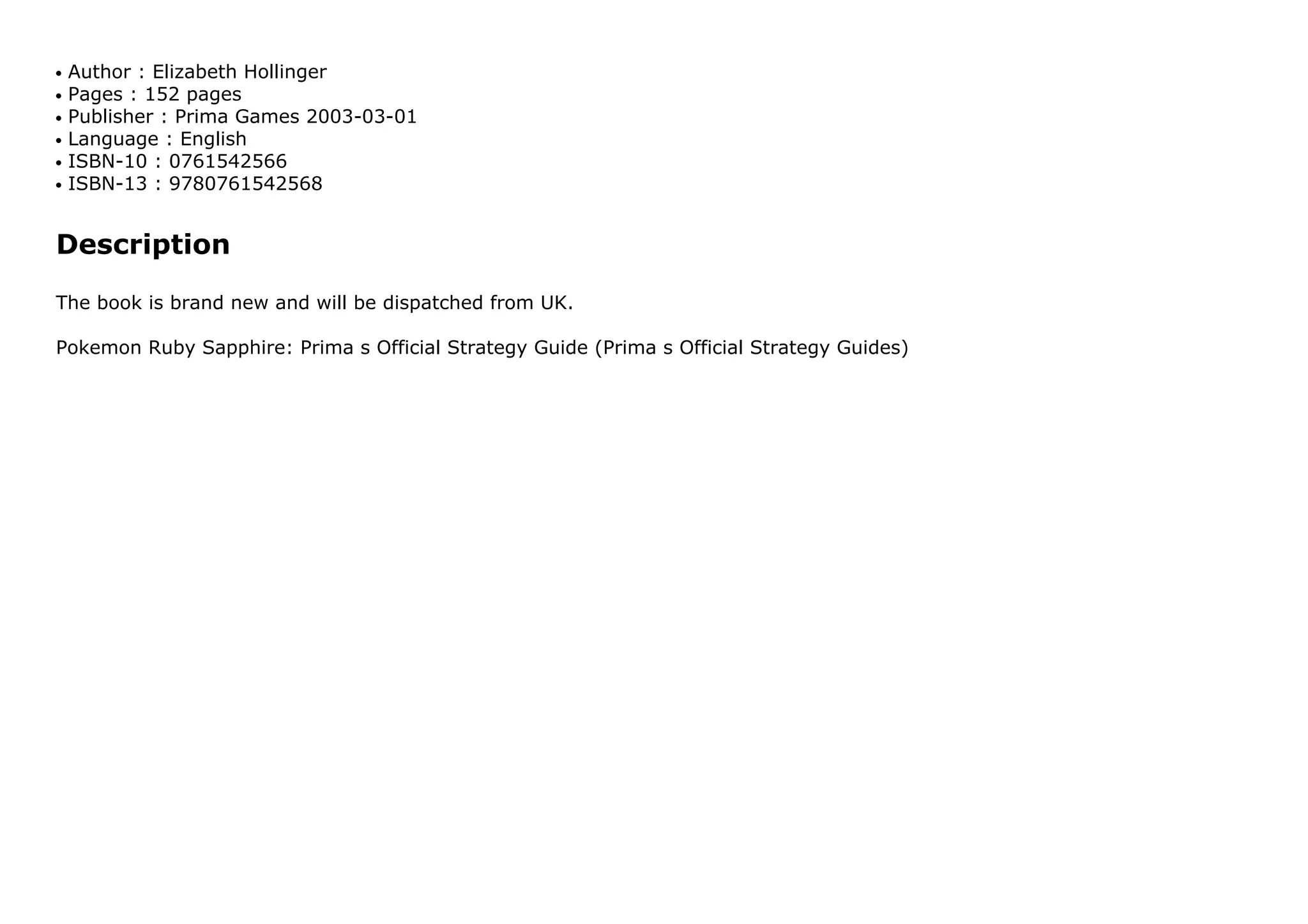 Pokemon Ruby Sapphire: Prima s Official Strategy Guide (Prima s ...