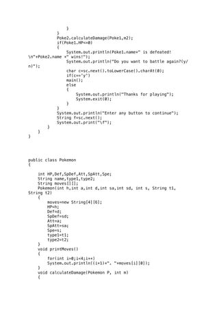 Pokemon battle simulator (Java Program written on Blue J Editor) | PDF