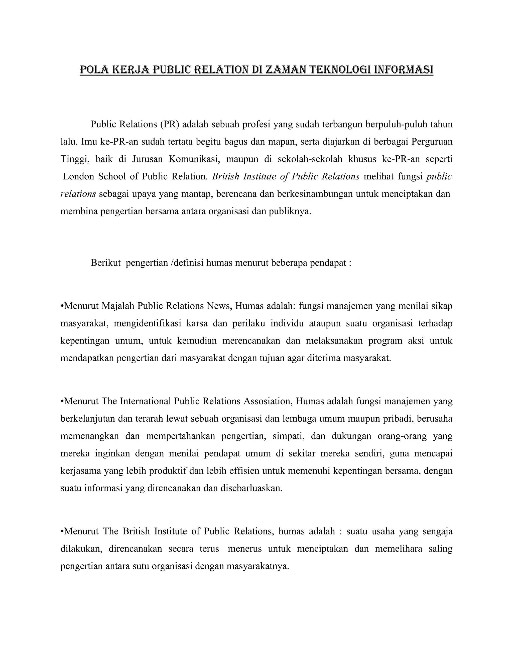 Pola kerja public relation di zaman teknologi informasi | PDF