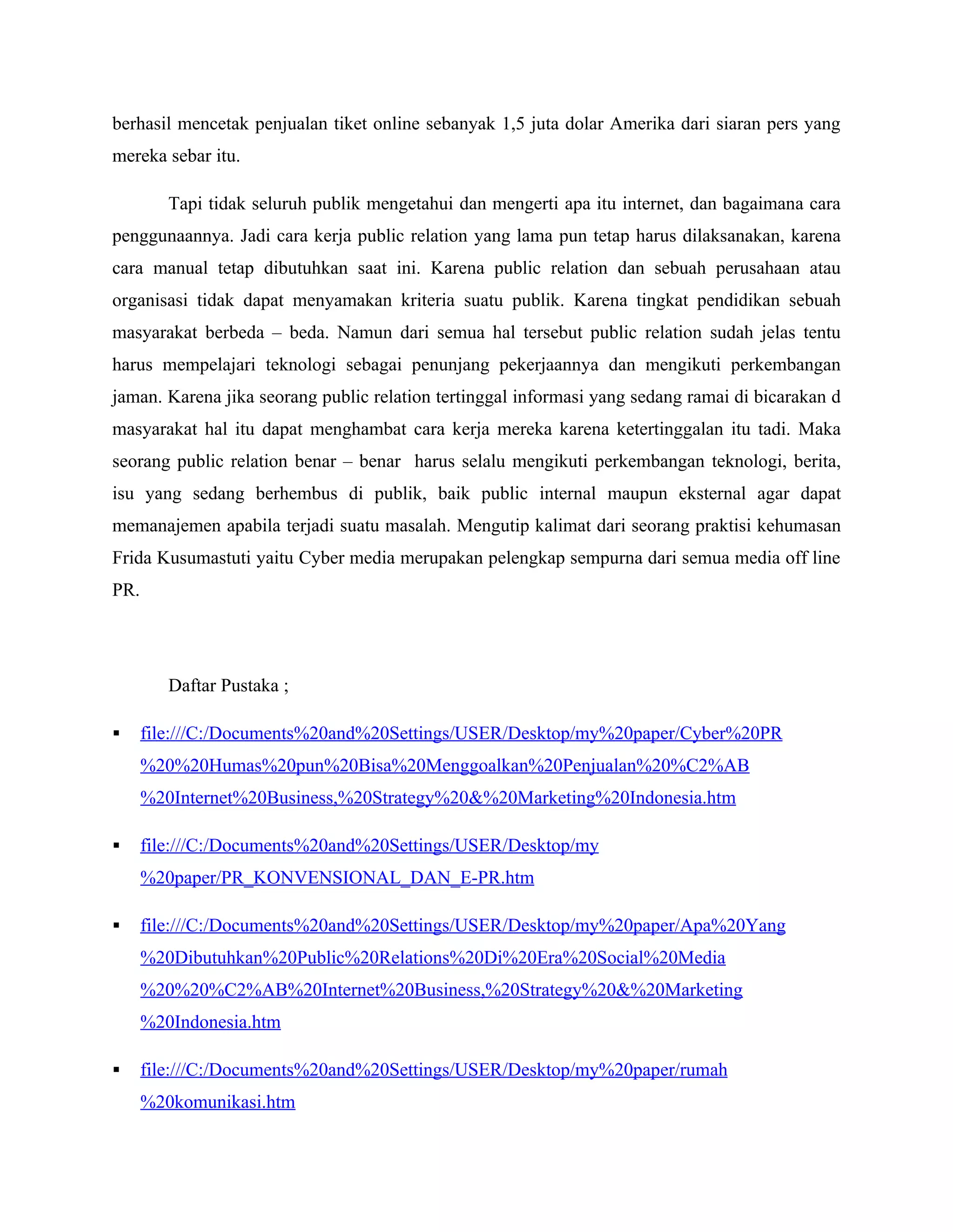 Pola kerja public relation di zaman teknologi informasi | PDF