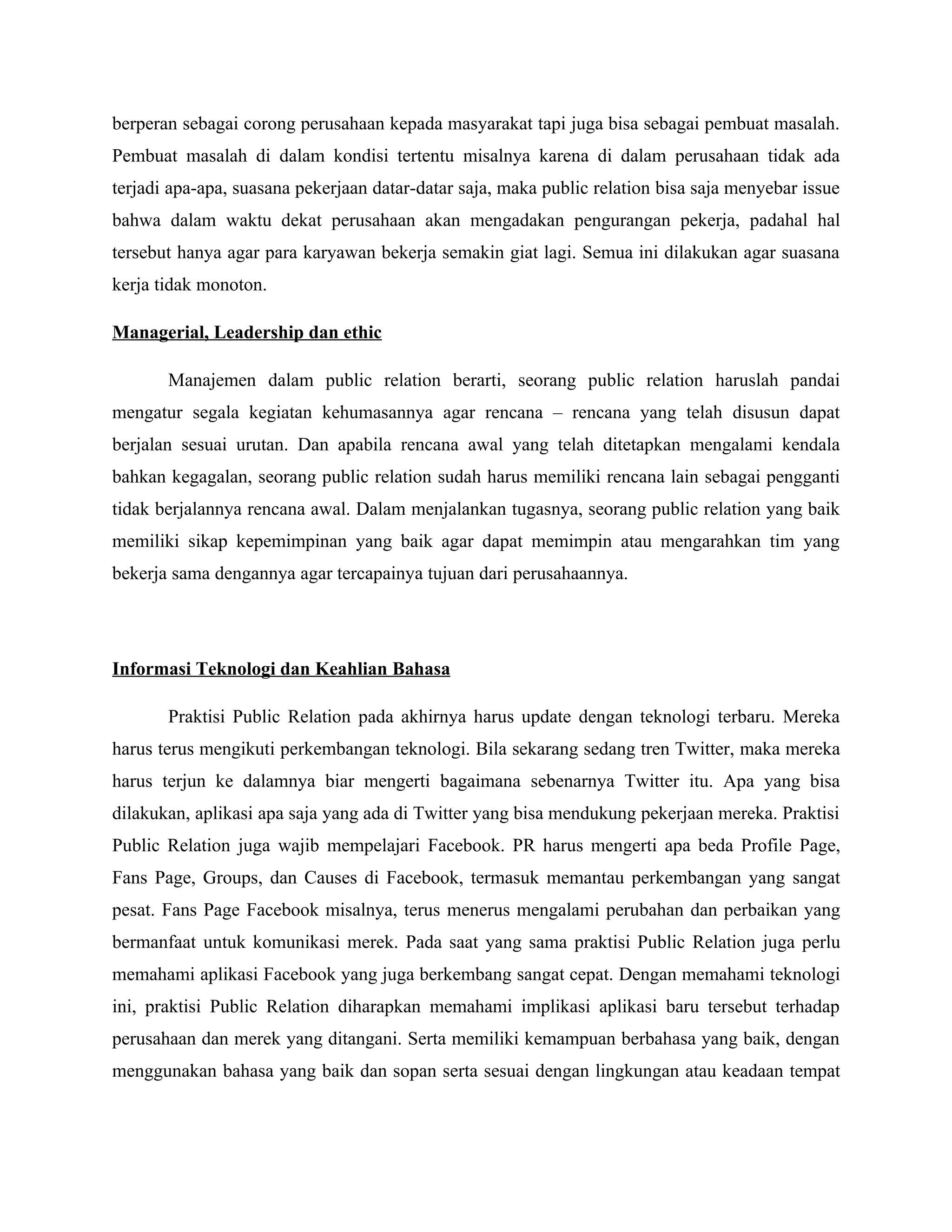 Pola kerja public relation di zaman teknologi informasi | PDF