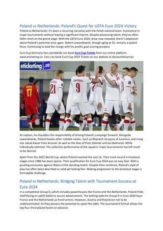 Poland vs Netherlands Tickets: Poland's Quest for Euro Cup Germany ...