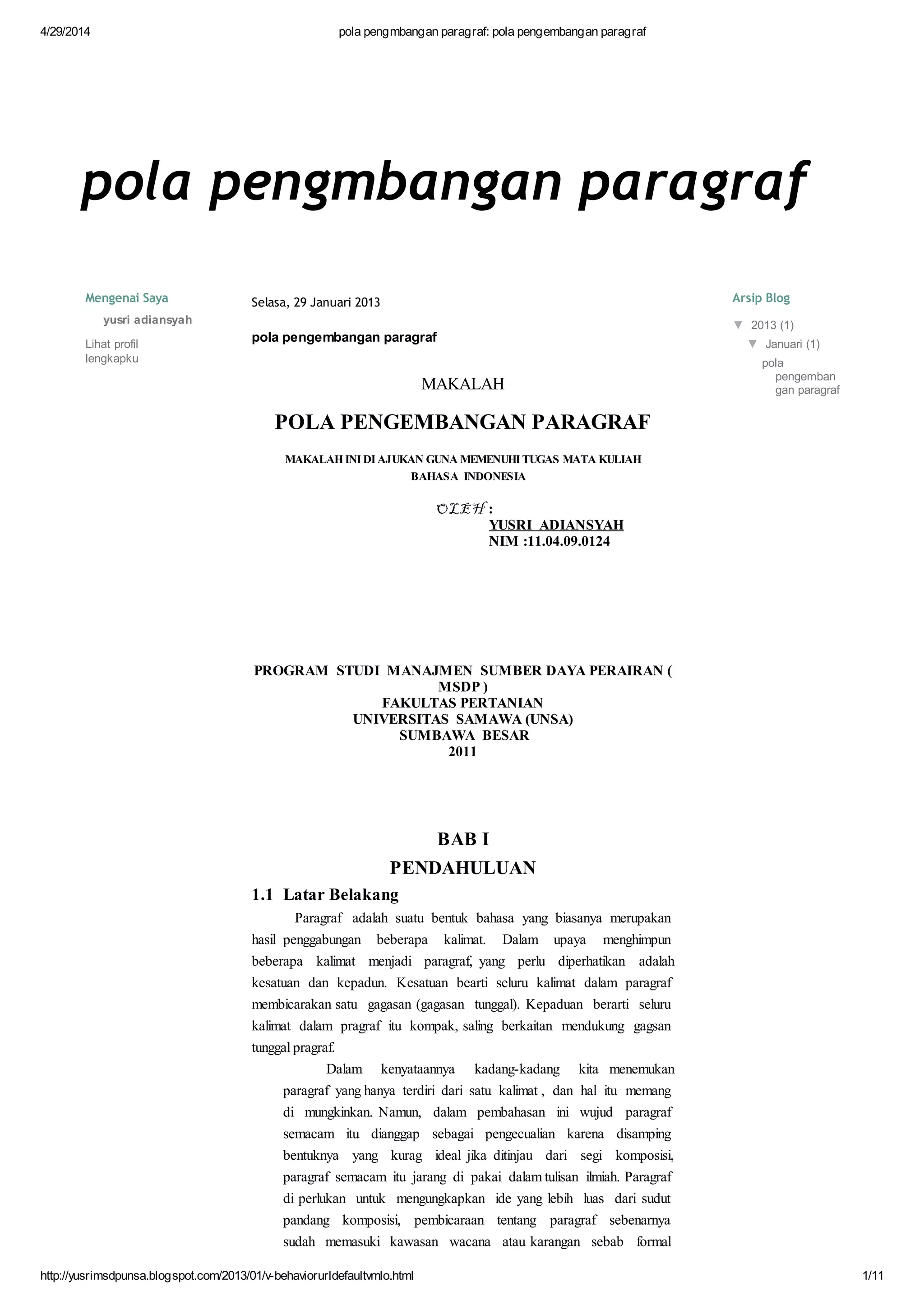 Pola pengmbangan paragraf pola pengembangan paragraf | PDF