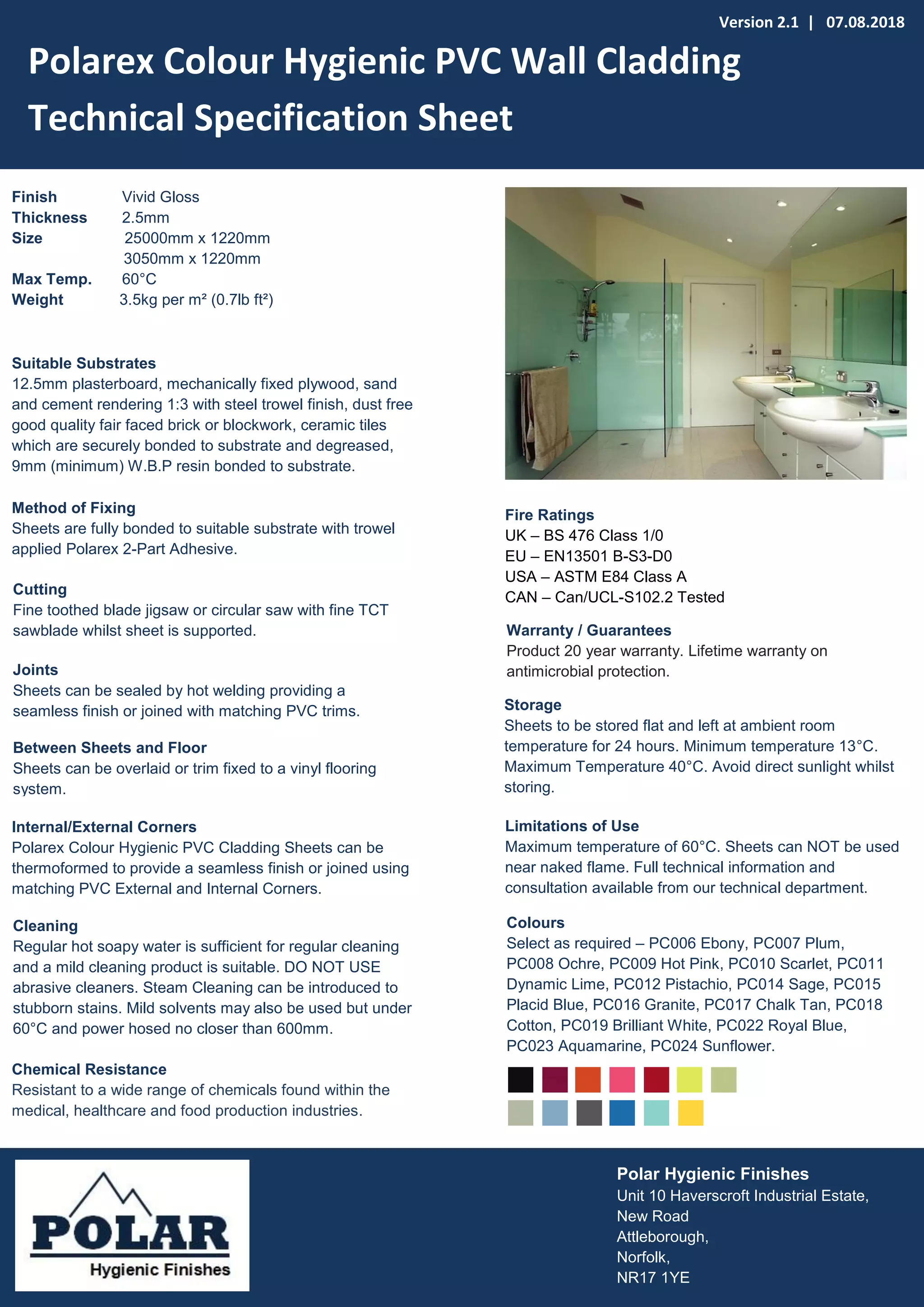 Polarex Colour Hygienic PVC Wall Cladding Specification Sheet | PDF