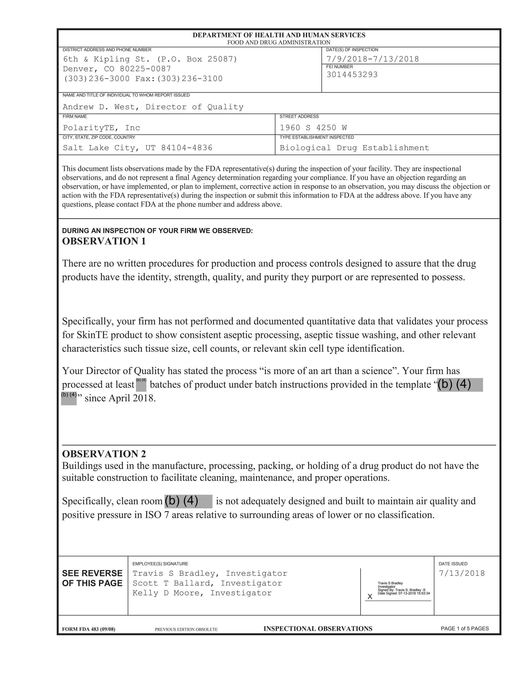 PolarityTE FDA Form 483 | PDF
