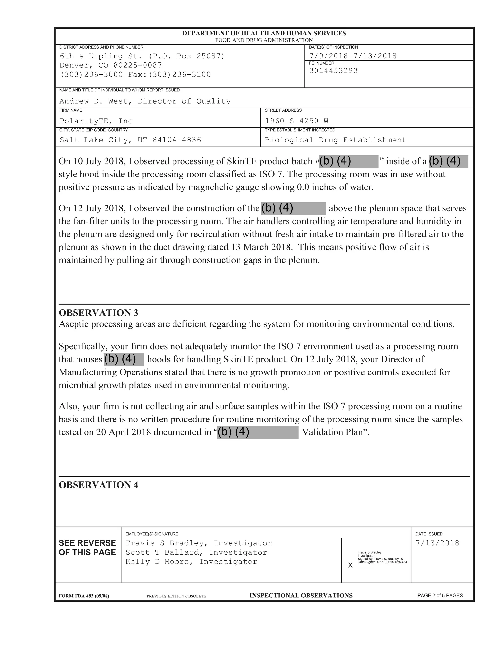 PolarityTE FDA Form 483 | PDF