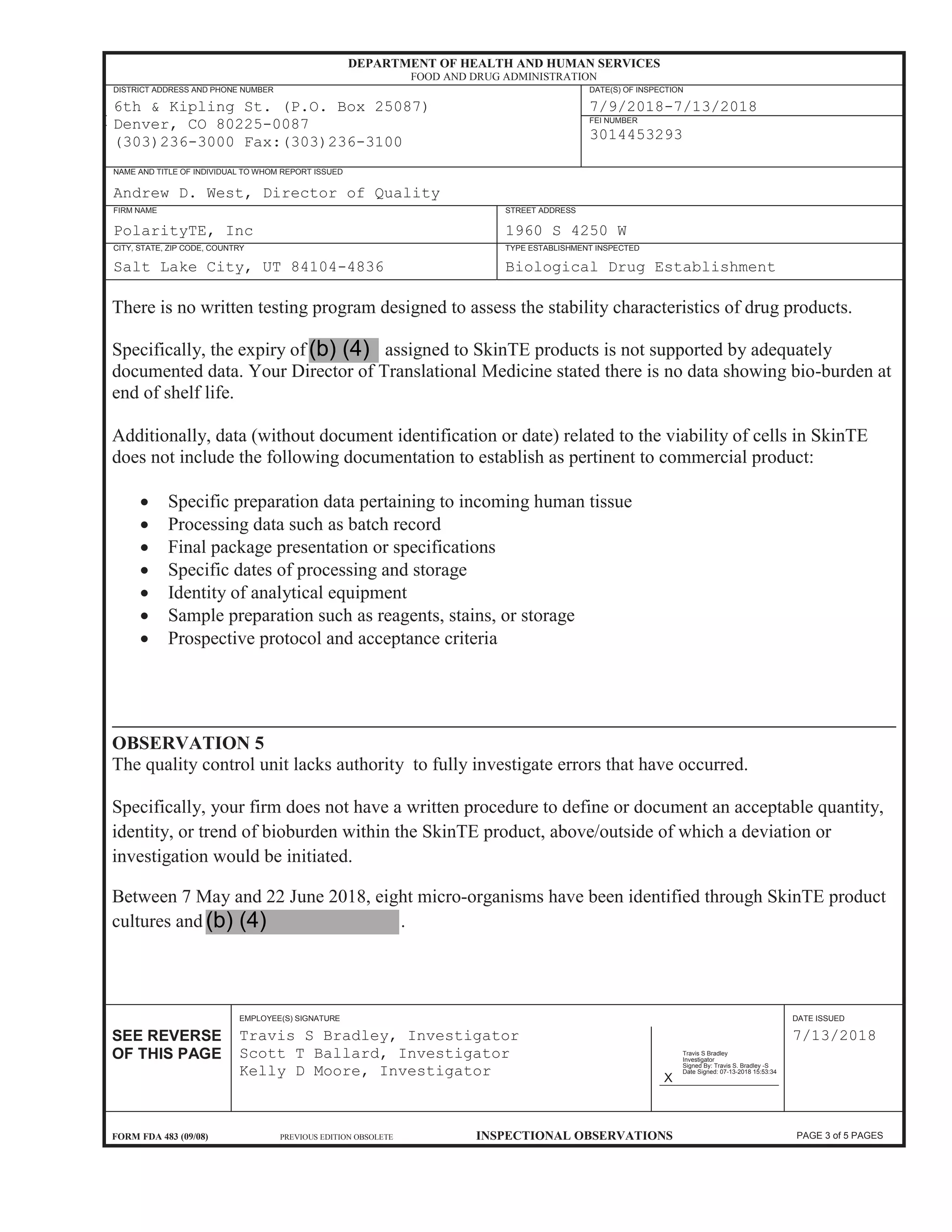 PolarityTE FDA Form 483 | PDF