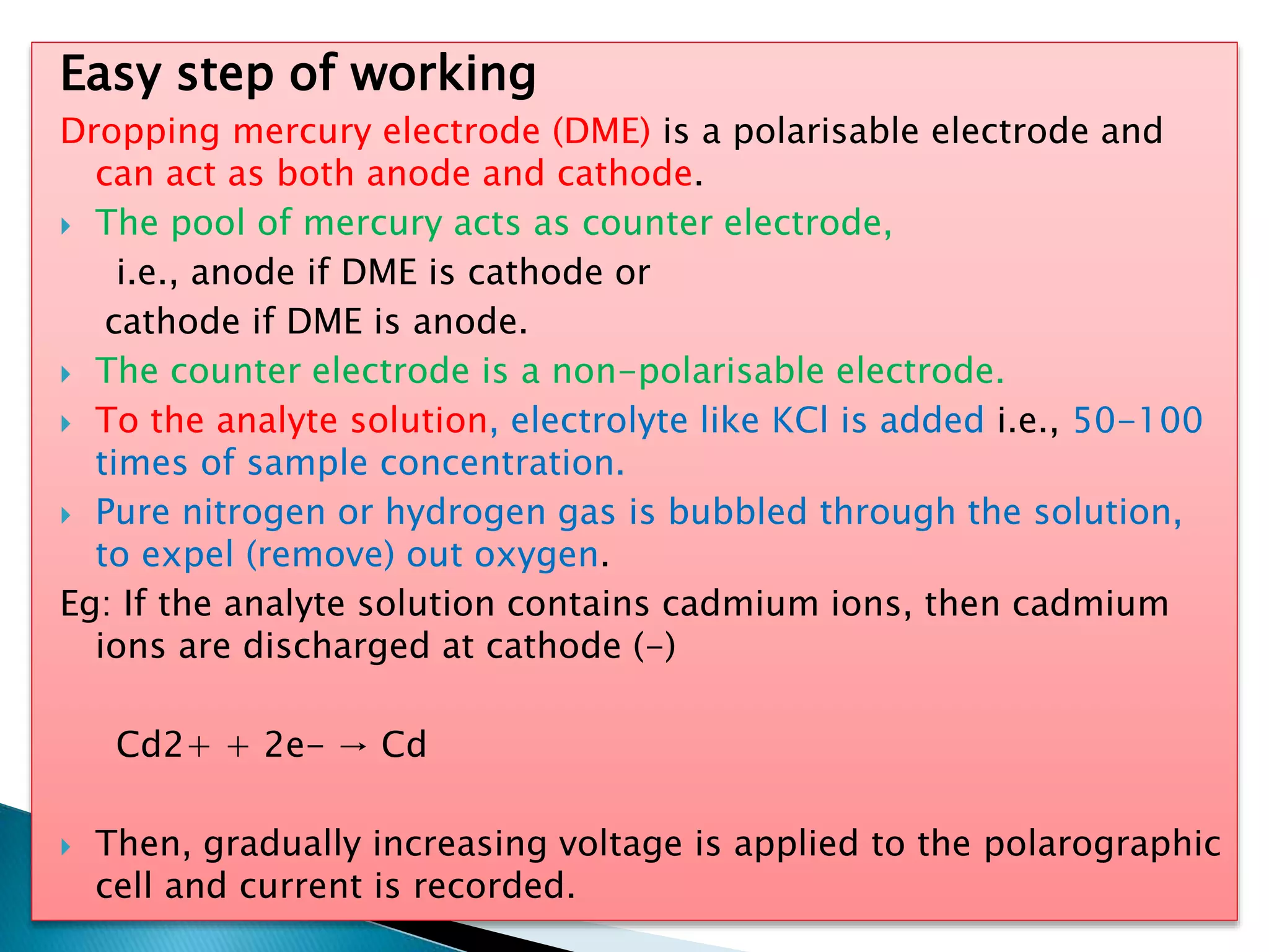 Polarography Principle, instrumentation, Applications.pptx