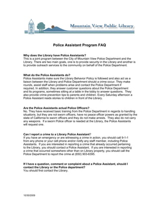 Police Assistant Program FAQ | PDF