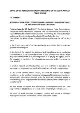 SAPS statement on police killings | DOCX | Crime & Harmful Acts to ...