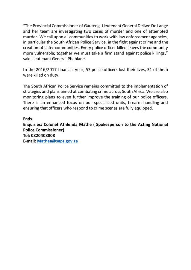 SAPS statement on police killings | DOCX | Crime & Harmful Acts to ...