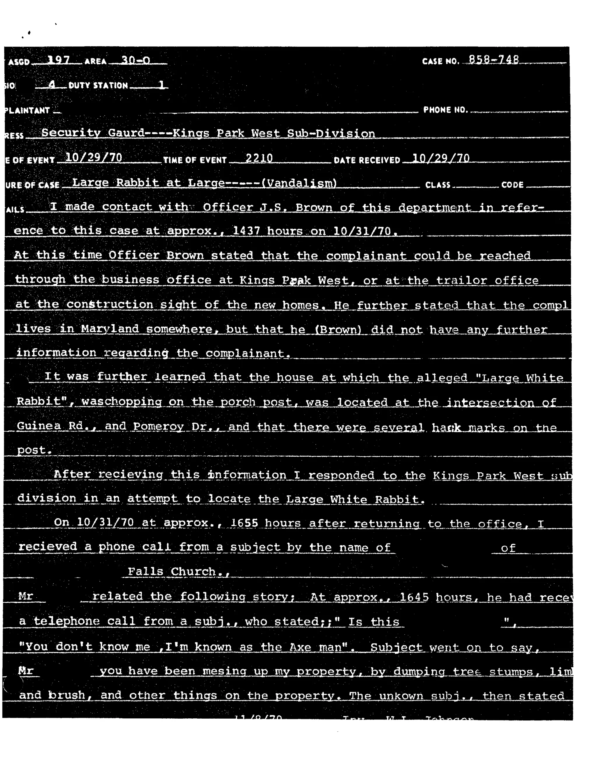 Bunny Man Police Report, Oct. 29, 1970 | DOCX