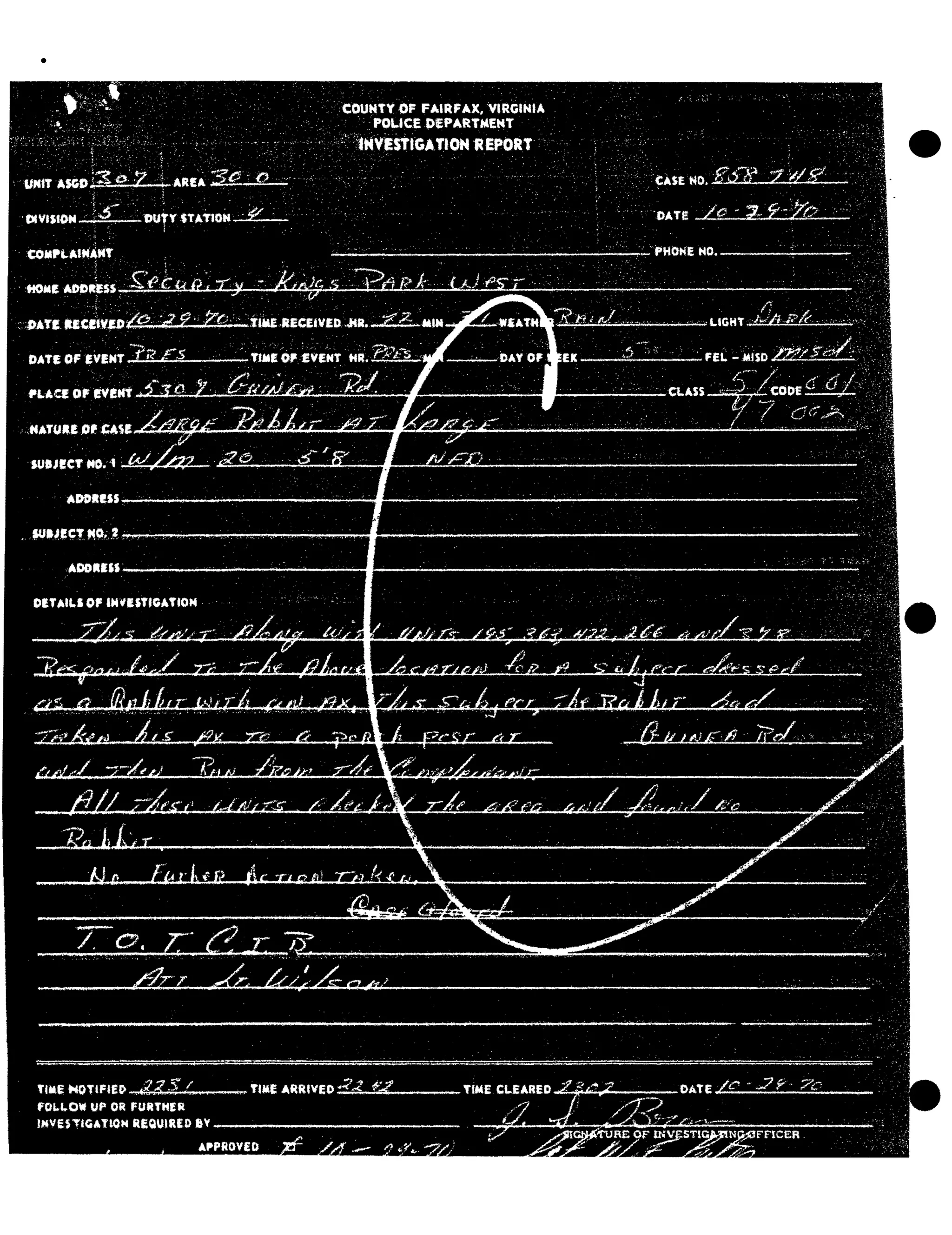 Bunny Man Police Report, Oct. 29, 1970 | DOCX