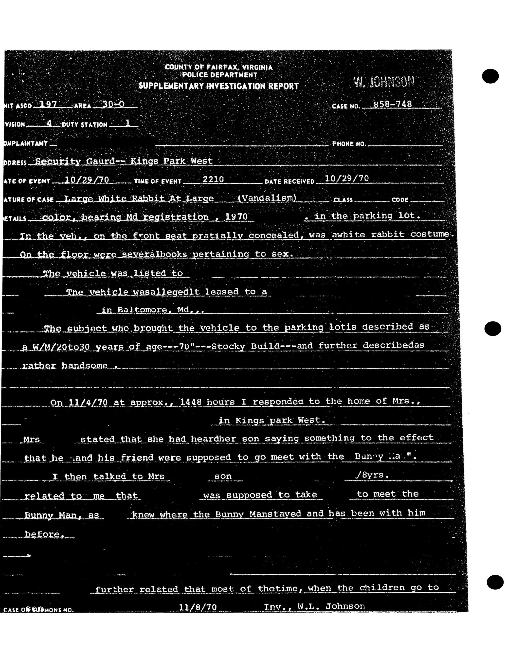 Bunny Man Police Report, Oct. 29, 1970 | DOCX