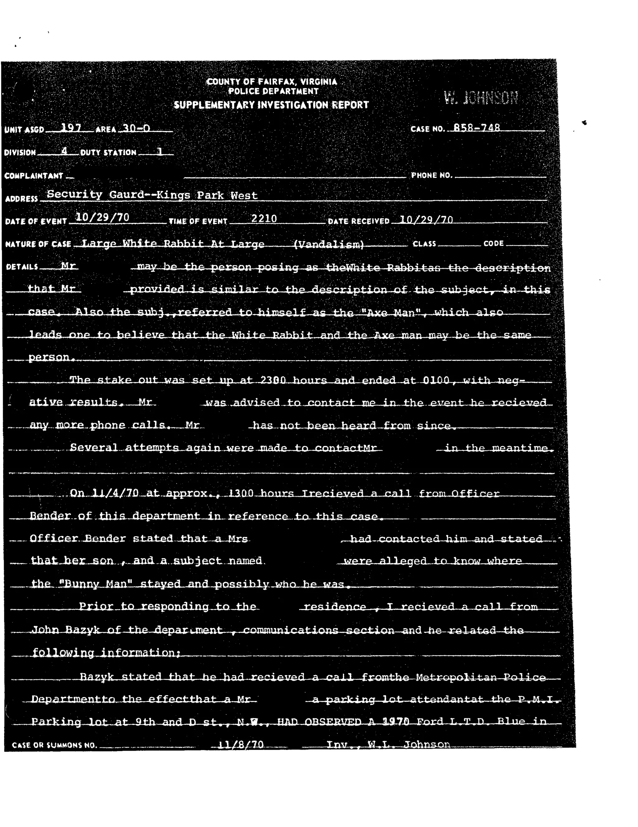 Bunny Man Police Report, Oct. 29, 1970 | DOCX