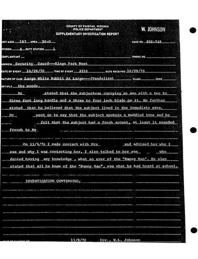 Bunny Man Police Report, Oct. 29, 1970 | DOCX