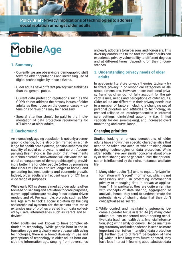 Policy Brief : Privacy implications of technologies to address social isolation amongst older ...