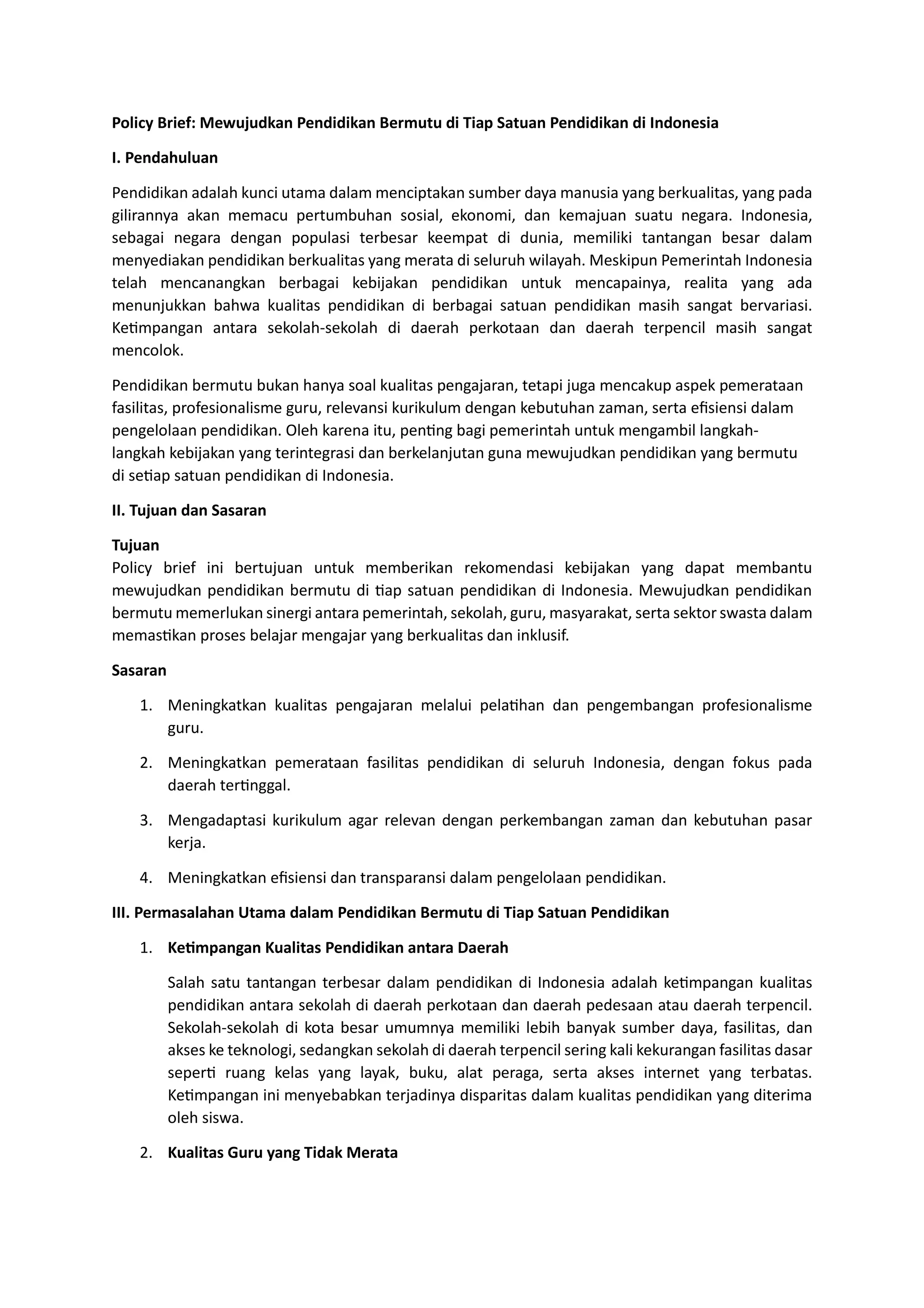 Policy Brief: Mewujudkan Pendidikan Bermutu di setiap Satuan Pendidikan ...