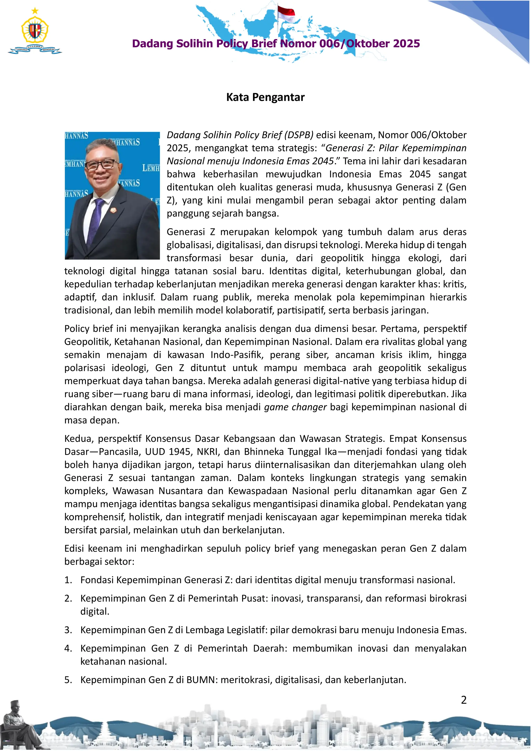 Dadang Solihin Policy Brief (DSPB) edisi keenam, Nomor 006/Oktober 2025 “Generasi Z: Pilar ...