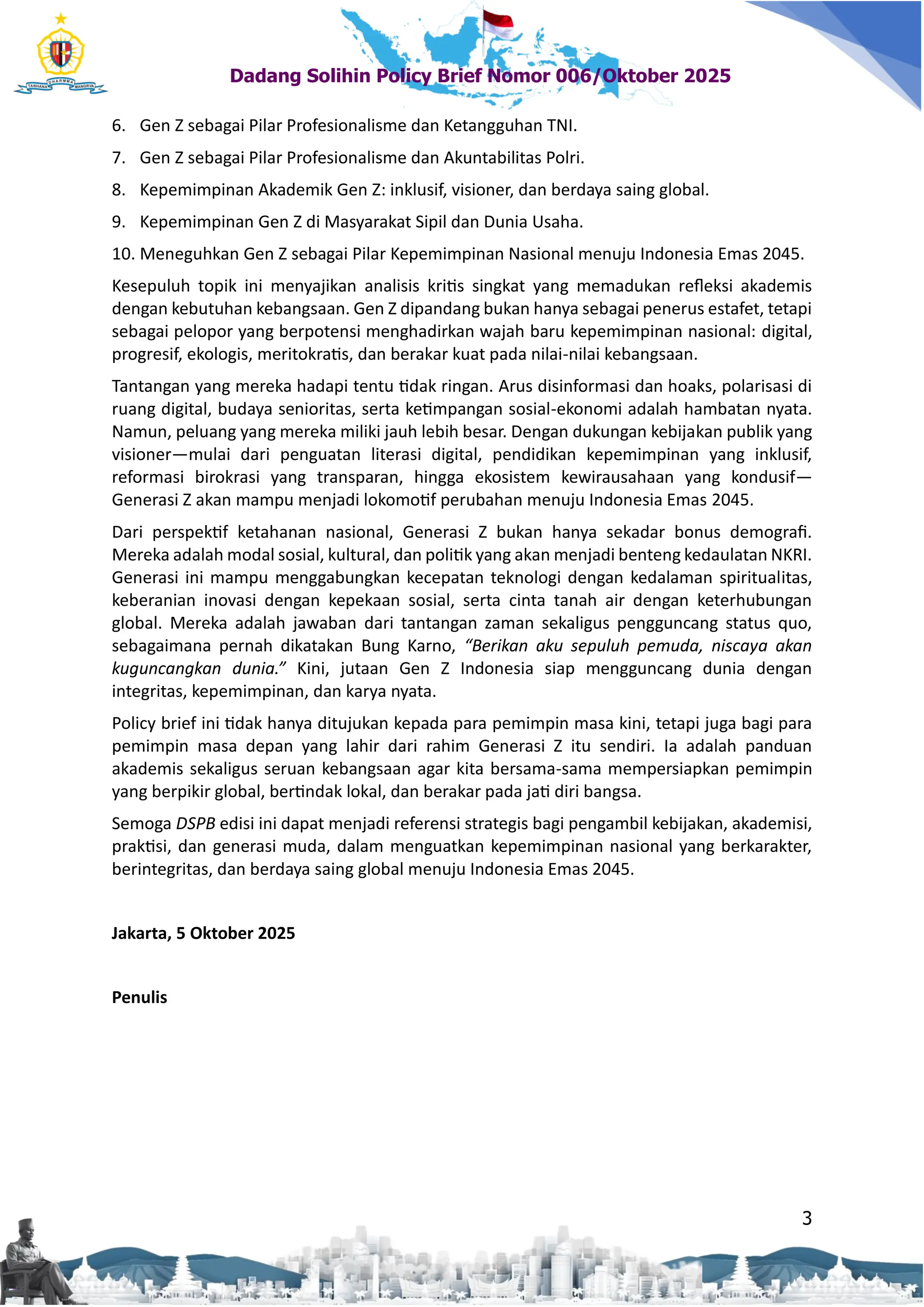 Dadang Solihin Policy Brief (DSPB) edisi keenam, Nomor 006/Oktober 2025 “Generasi Z: Pilar ...