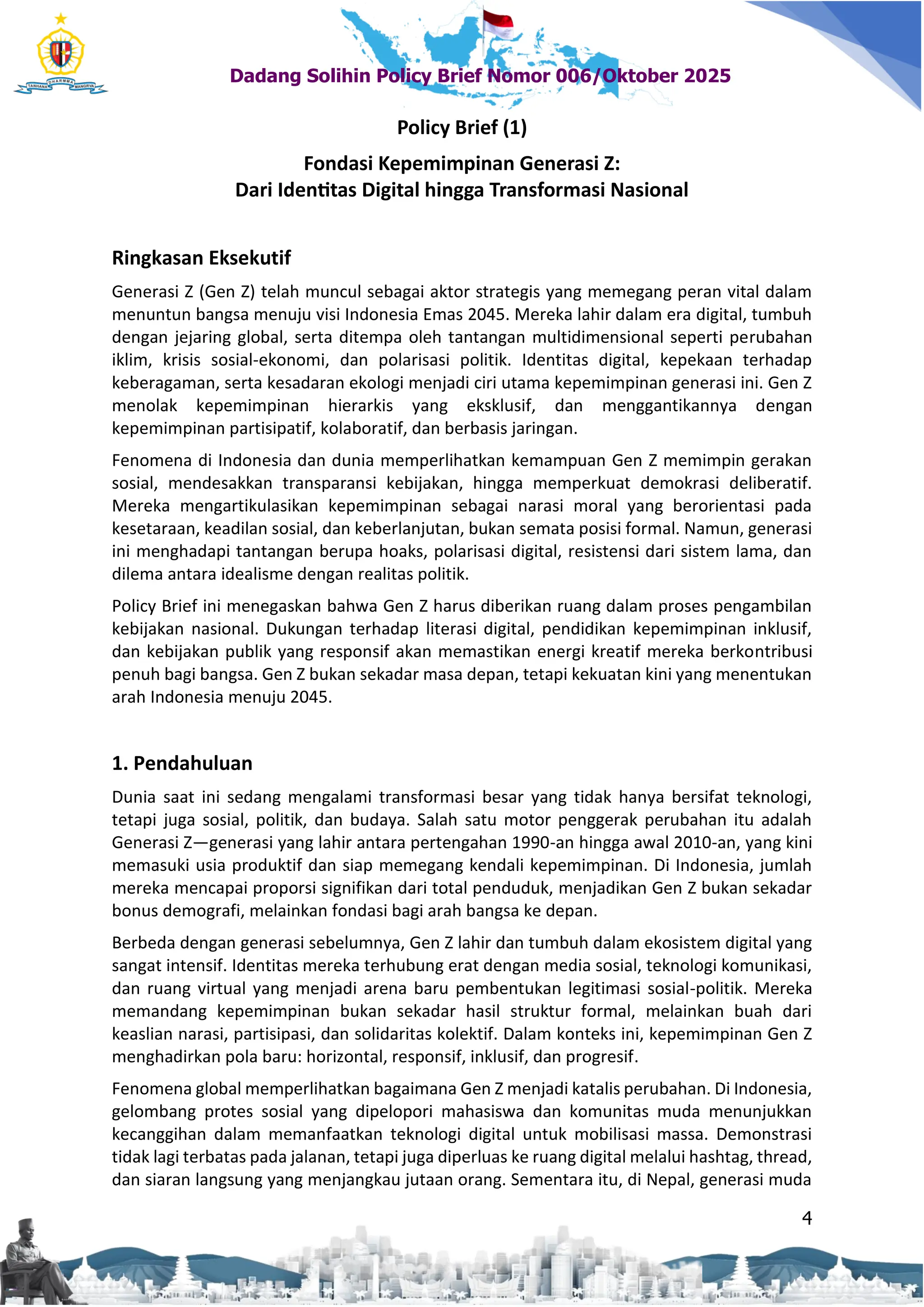 Dadang Solihin Policy Brief (DSPB) edisi keenam, Nomor 006/Oktober 2025 “Generasi Z: Pilar ...