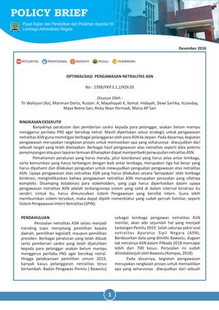 Policy Brief Optimalisasi Pengawasan Netralitas ASN | PDF
