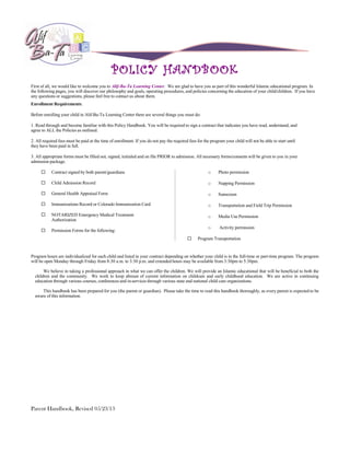 Policy handbook preschool | DOC | Daycare and Pre-School | Parenting