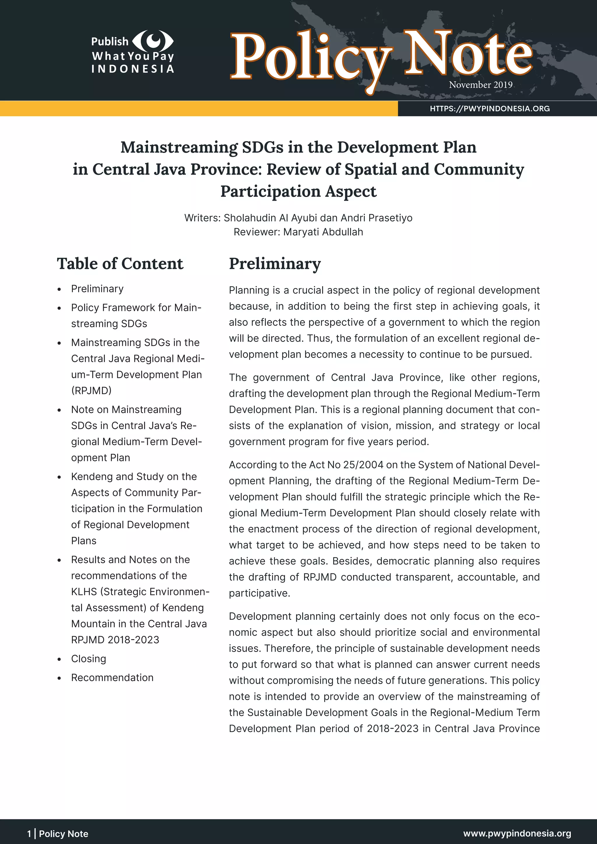 Mainstreaming SDGs in Development Plans in Central Java: Review of ...