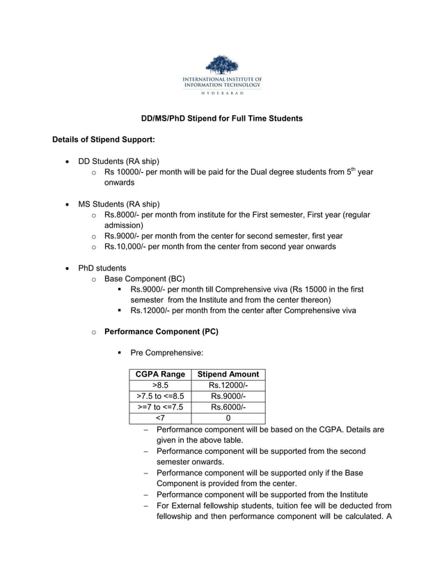 Policy on stipend support for research students (IIIT Hyderabad ...