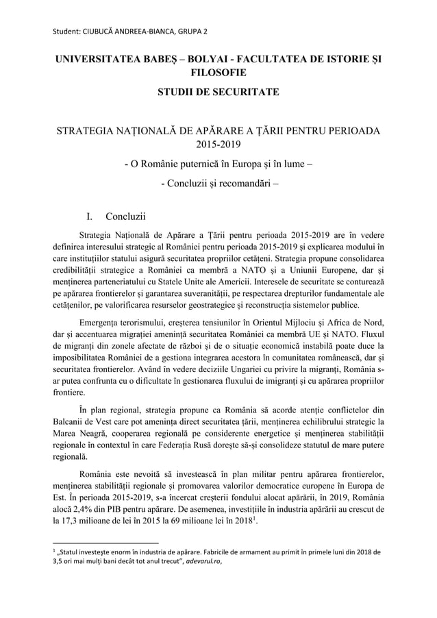 Policy Paper - Strategia Națională de Apărare a țării pentru perioada 2015-2019 | DOCX
