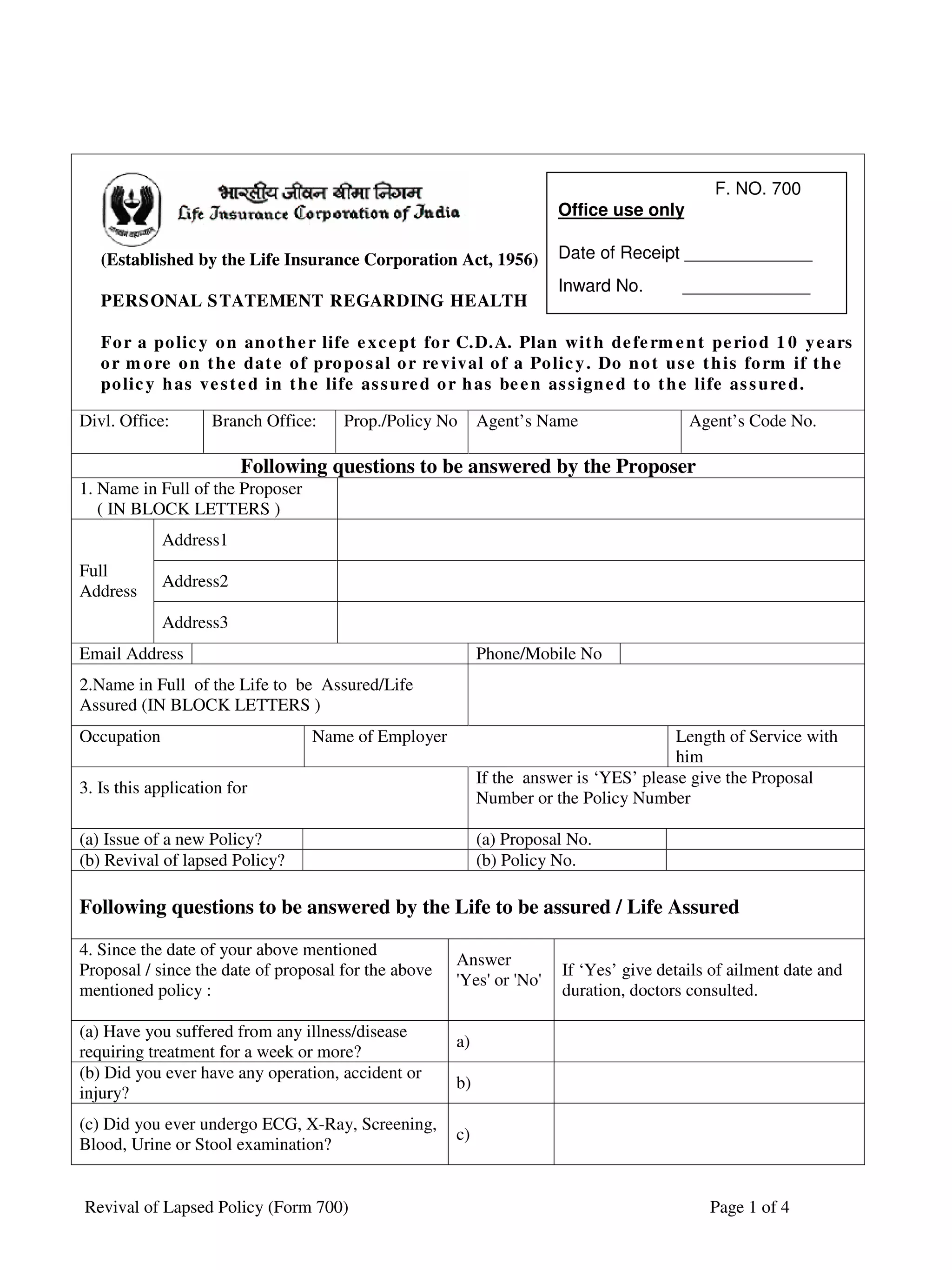 Policy revival form 700 | PDF