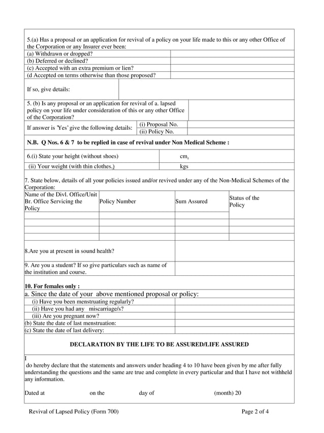Policy revival form 700 | PDF