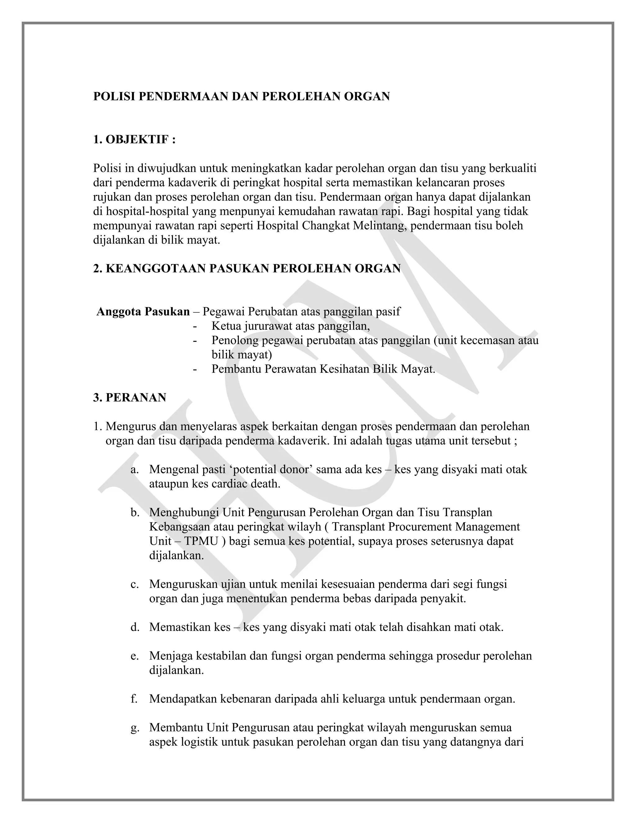 Polisi pendermaan organ hcm | DOC