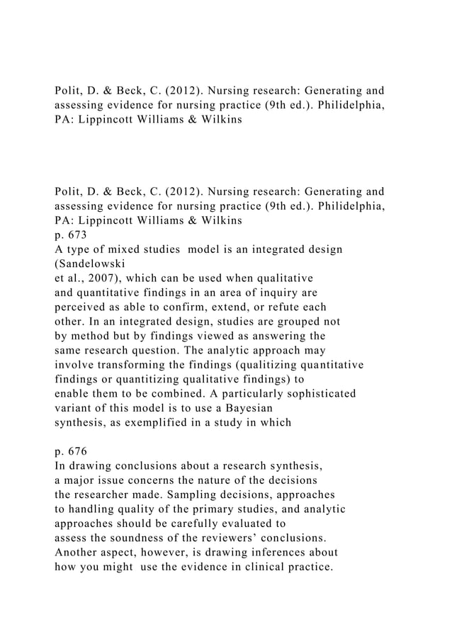 Polit, D. & Beck, C. (2012). Nursing research Generating and asse.docx