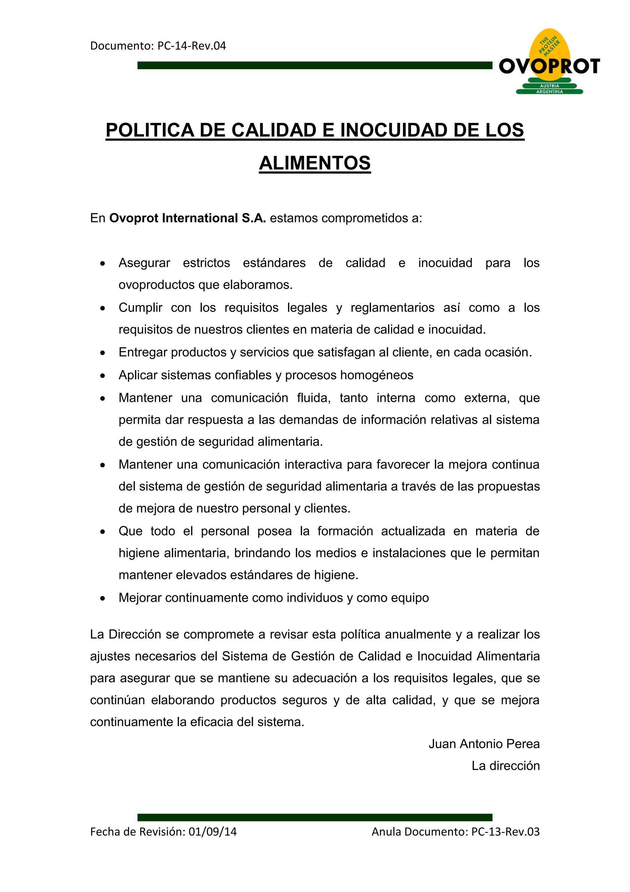 Politica de calidad e inocuidad 2014 ovoprot | PDF