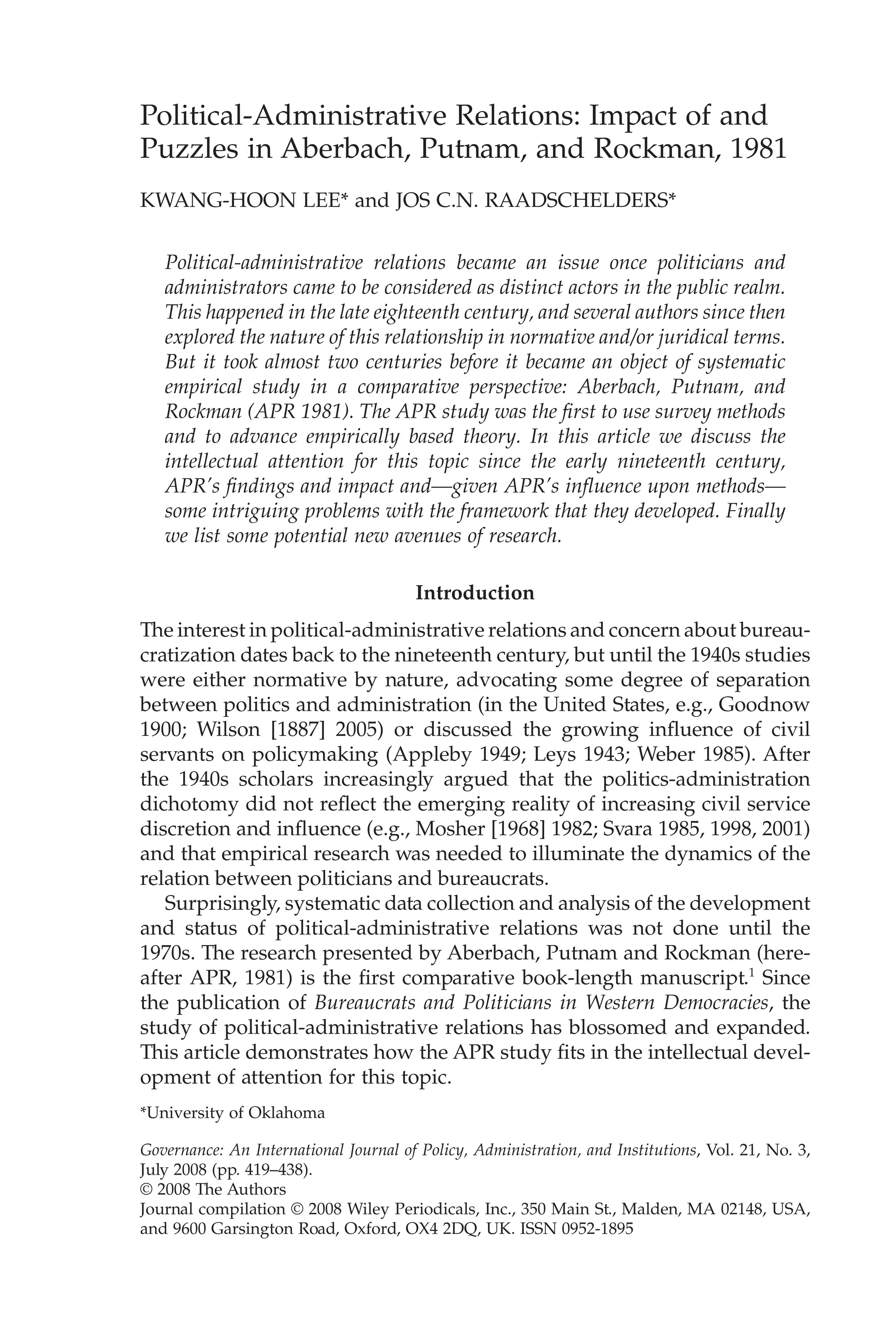 Political administrative relations impact of and puzzles in aberbach ...