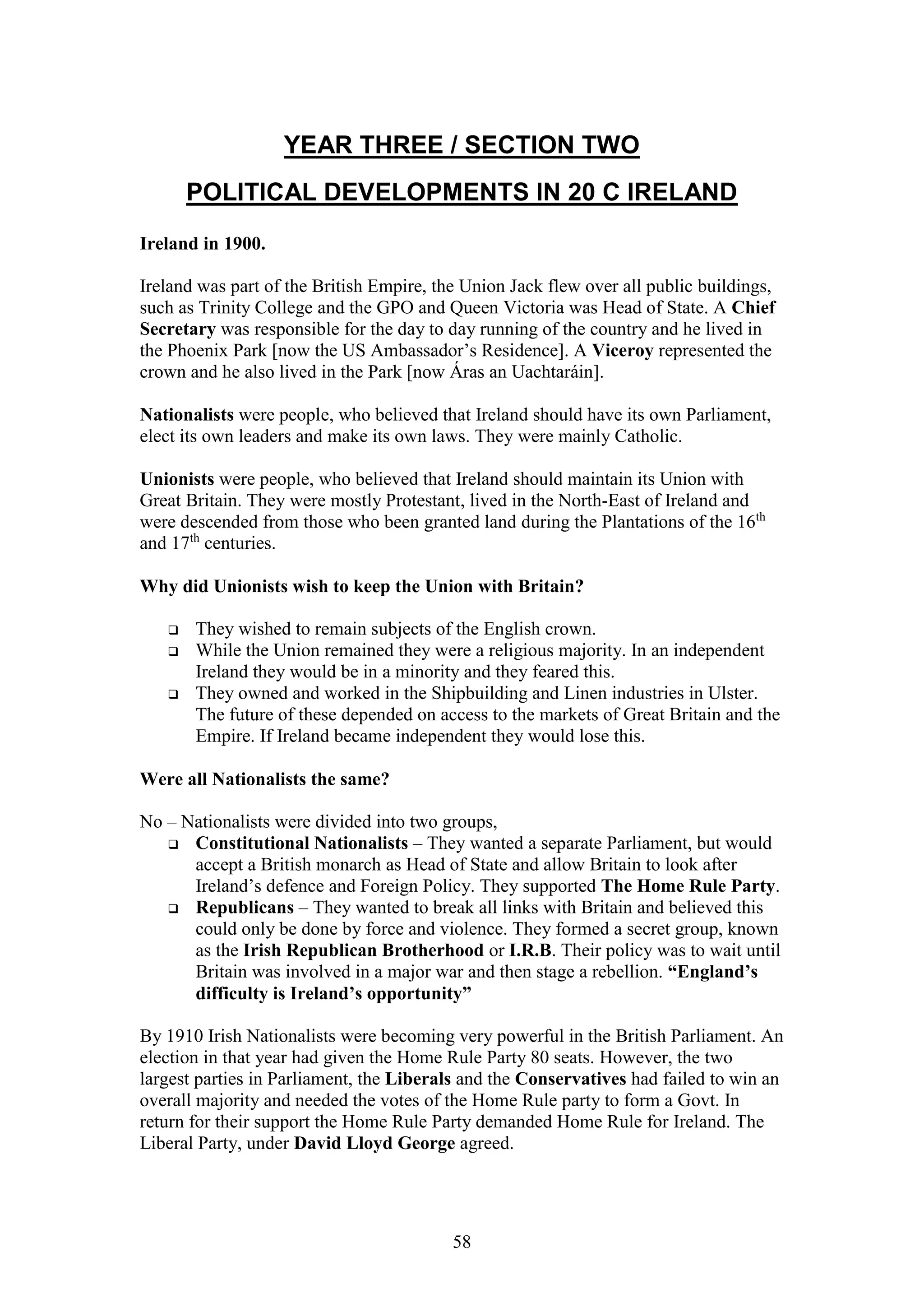 Notes on 20th Century Ireland Politics | PDF