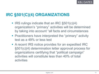 Political and lobbying activities of 501(c)(3) 501(c)(4) and 501(c)(6 ...