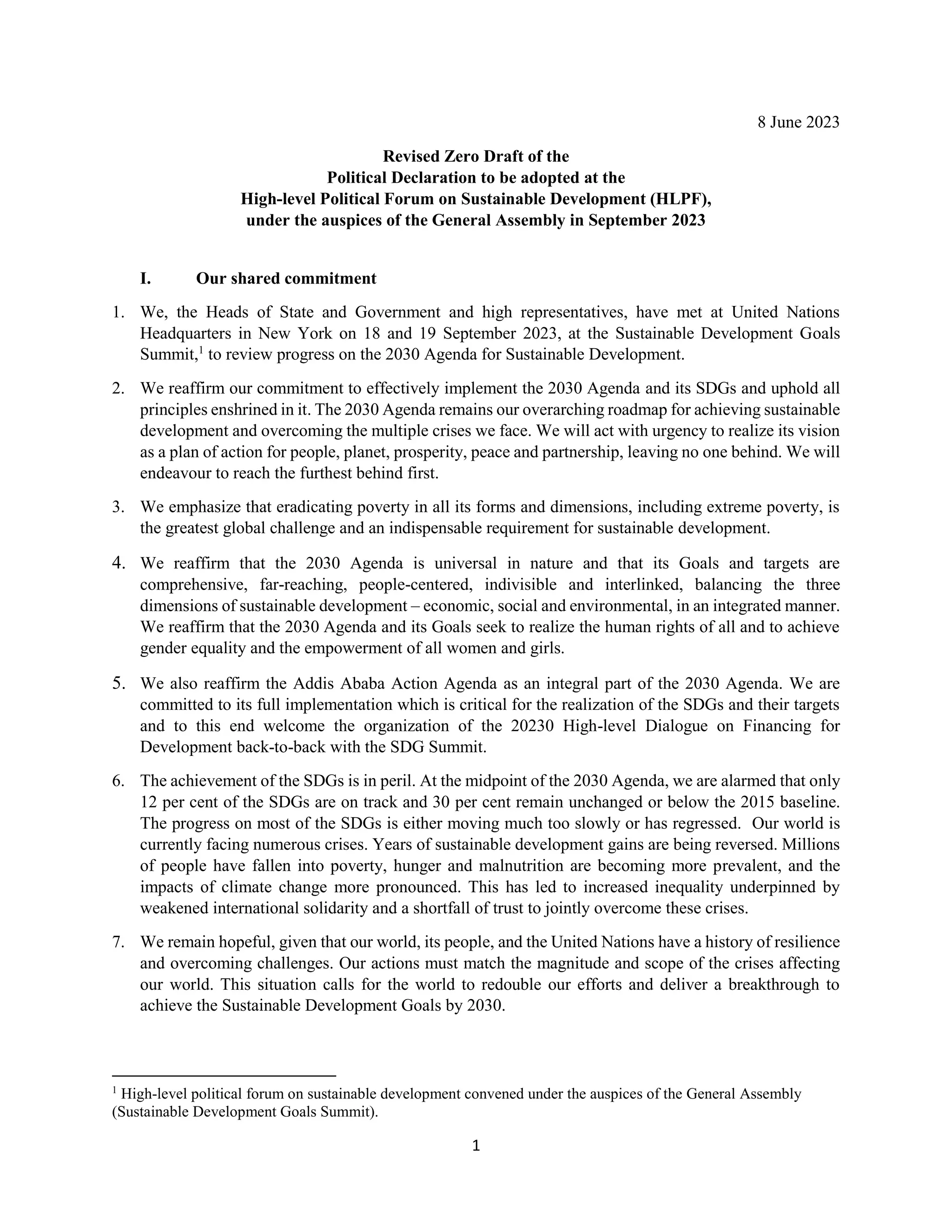 UN SDG Summit 2023: Political Declaration SDGs 2023 | PDF