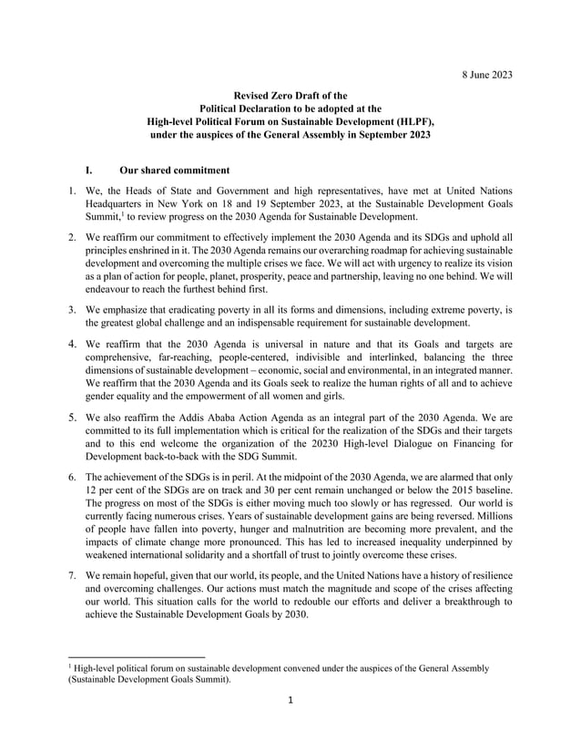 UN SDG Summit 2023: Political Declaration SDGs 2023 | PDF