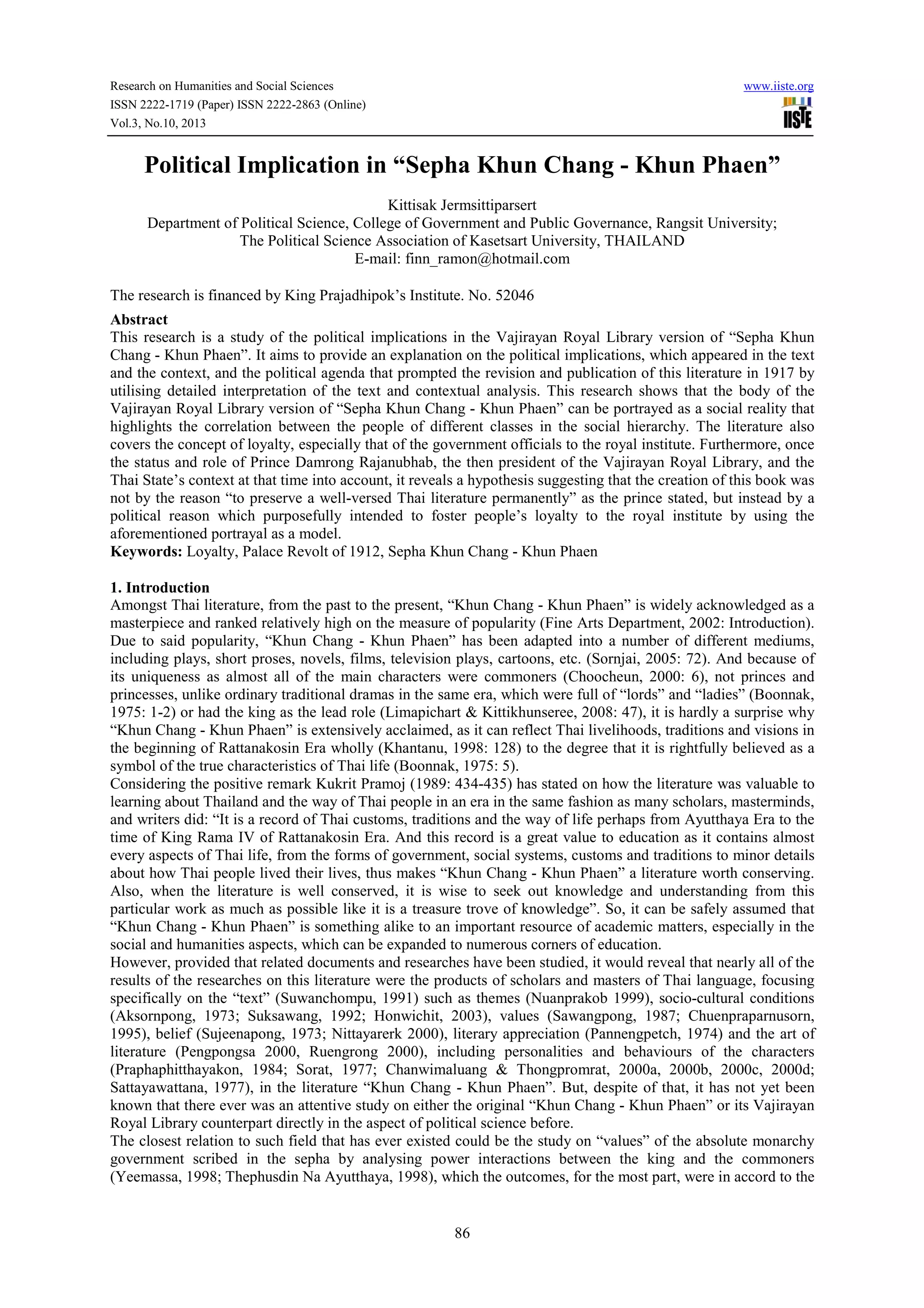 Political implication in “sepha khun chang khun phaen” | PDF