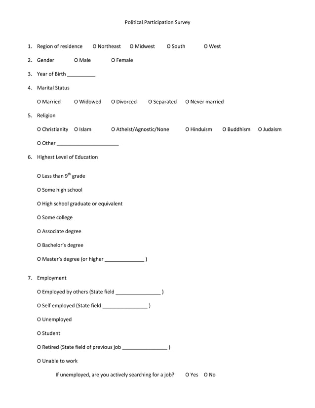 Political participation survey | DOCX | Civic affairs | Politics