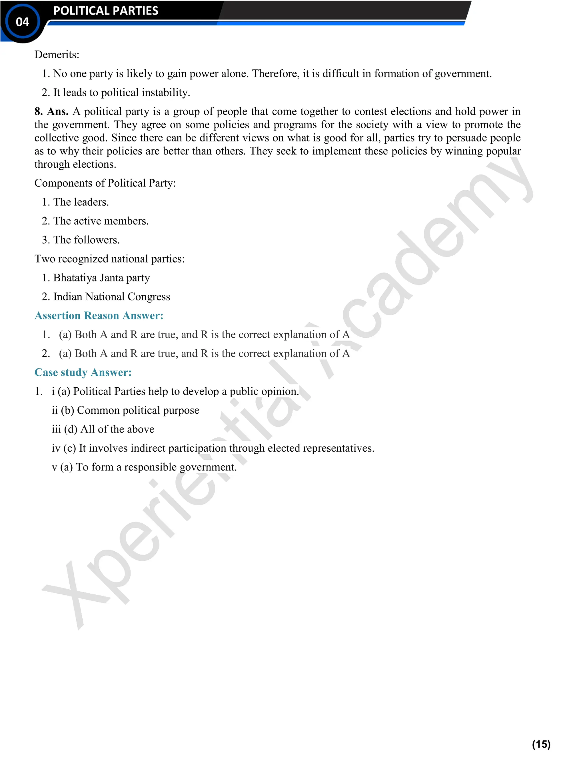 Political Parties, NCERT, CBSE Class X Notes | PDF