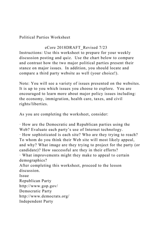 Political Parties Worksheet eCore 2018DRA | DOCX | Internet for ...