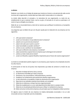 Como Redactar Politica, objetivo, mision y vision | PDF