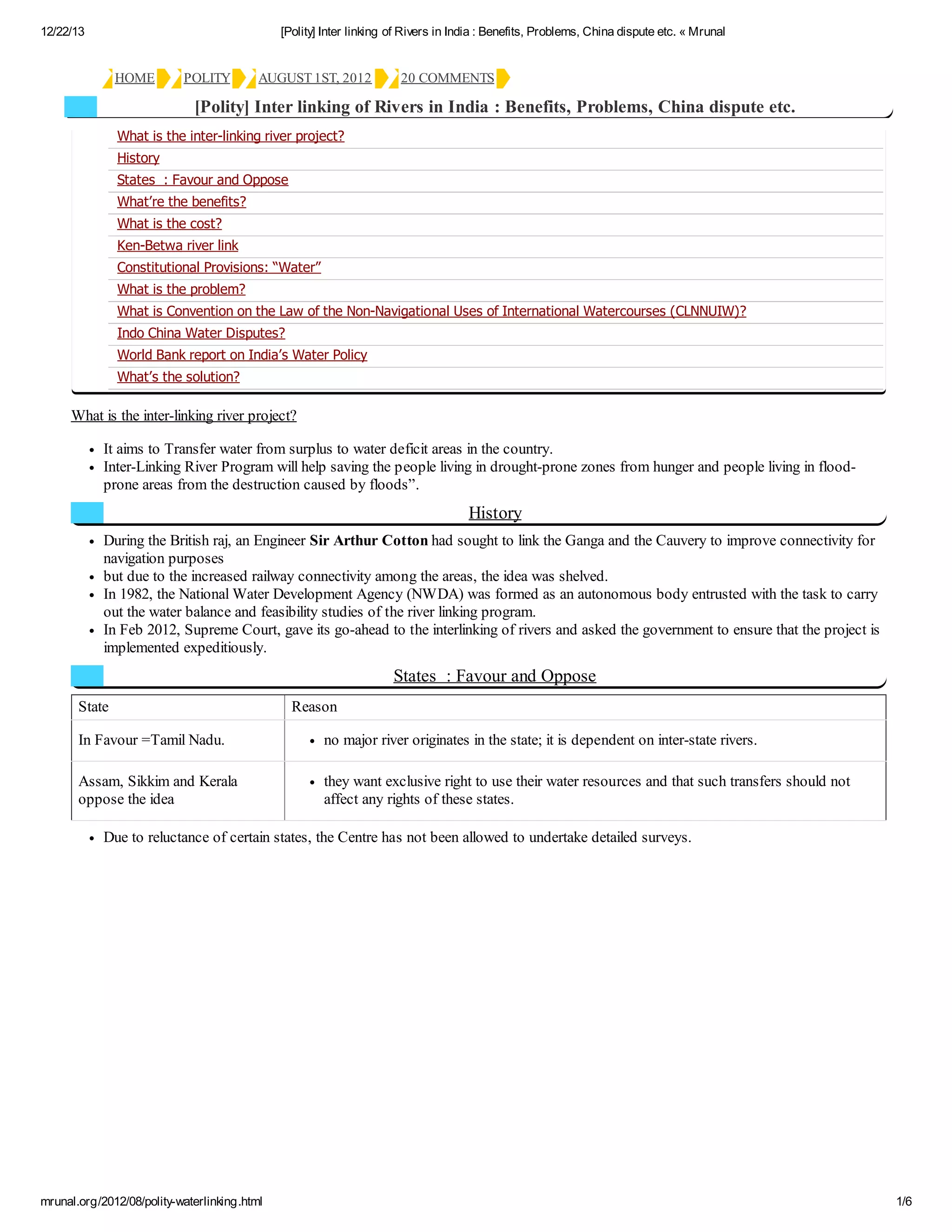 [Polity] inter linking of rivers in india benefits, problems, china ...