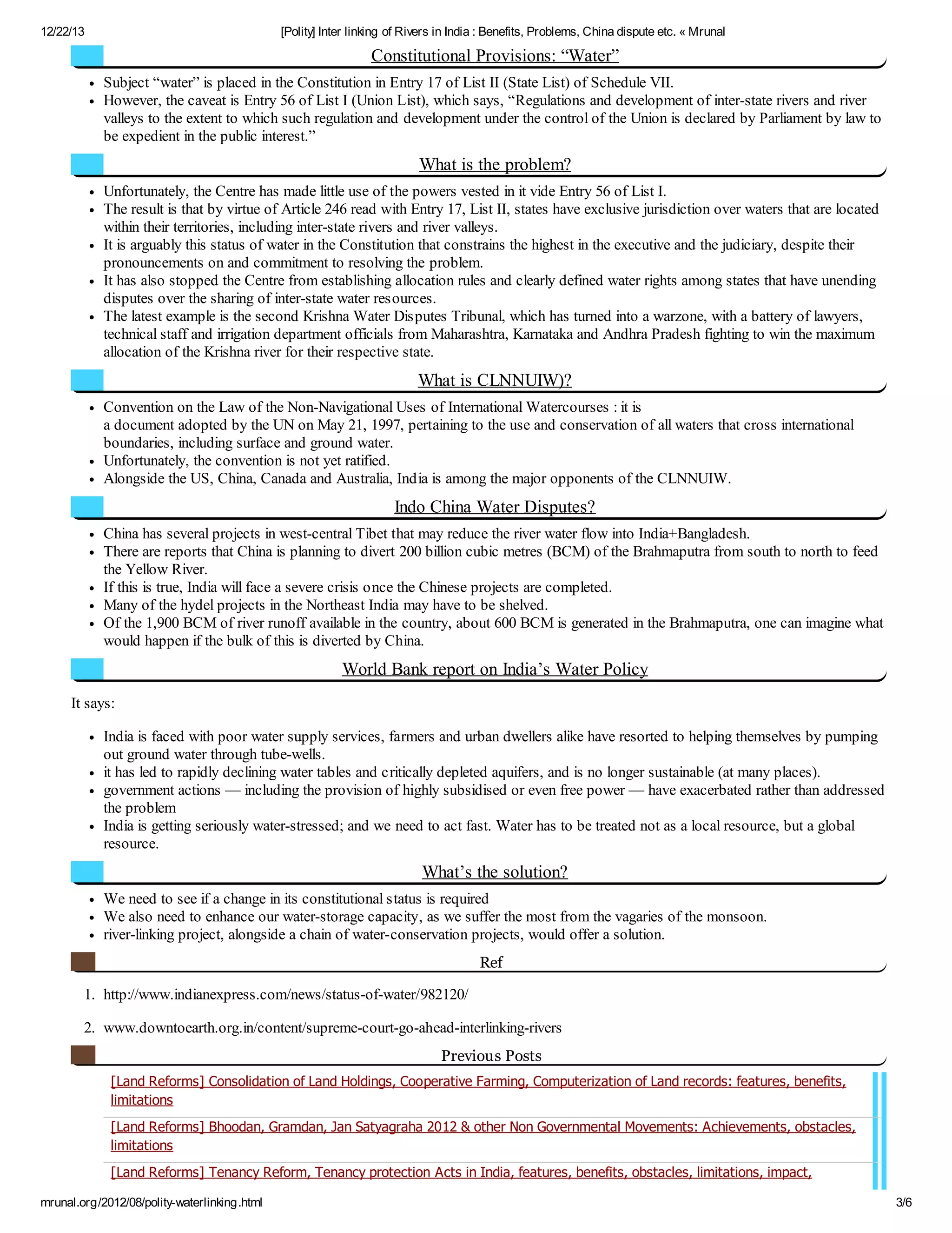 [Polity] inter linking of rivers in india benefits, problems, china ...